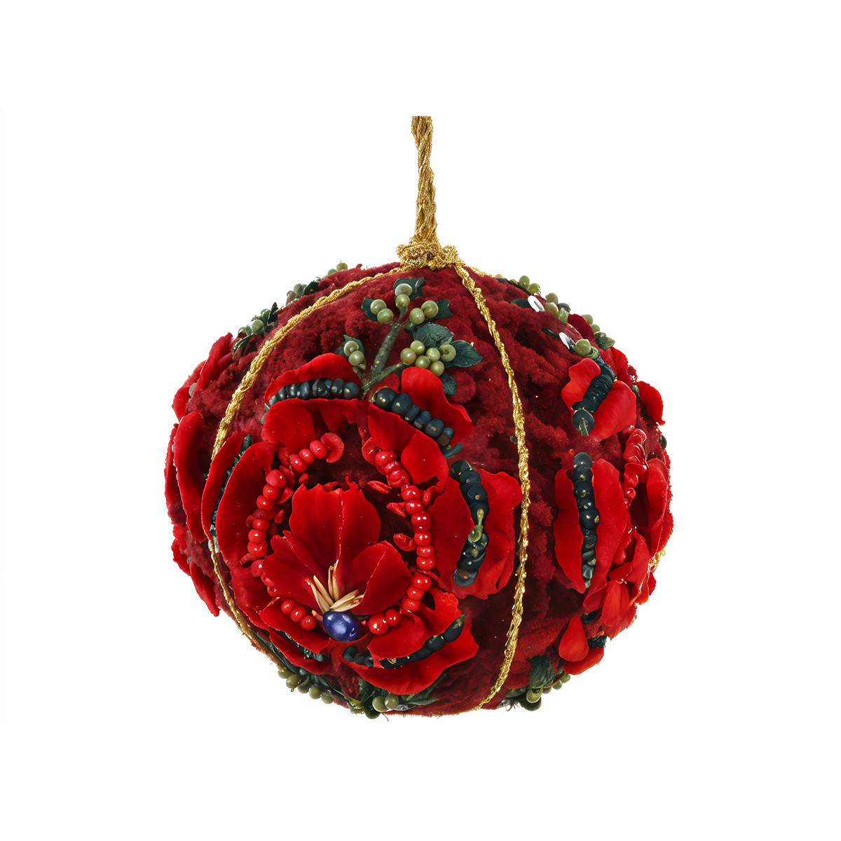 Velvet Rose Embroidered Ball Ornament (Small) – Red